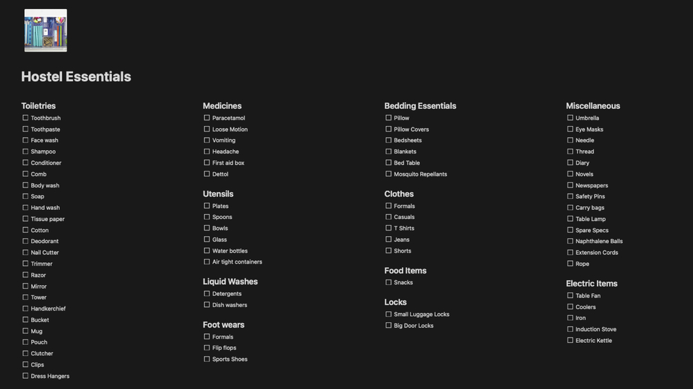 Hostel Essentials Checklist