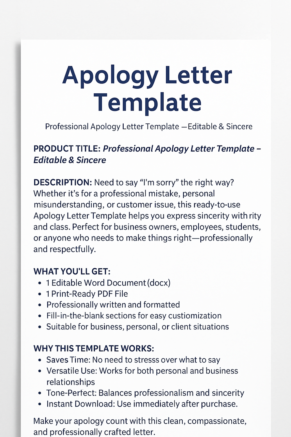 Professional Apology Letter Template – Editable & Sincere
