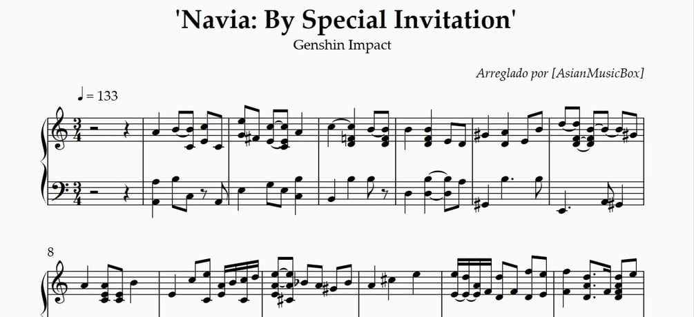 Genshin Impact - 'Navia: By Special Invitation' | Piano Sheet Music ...