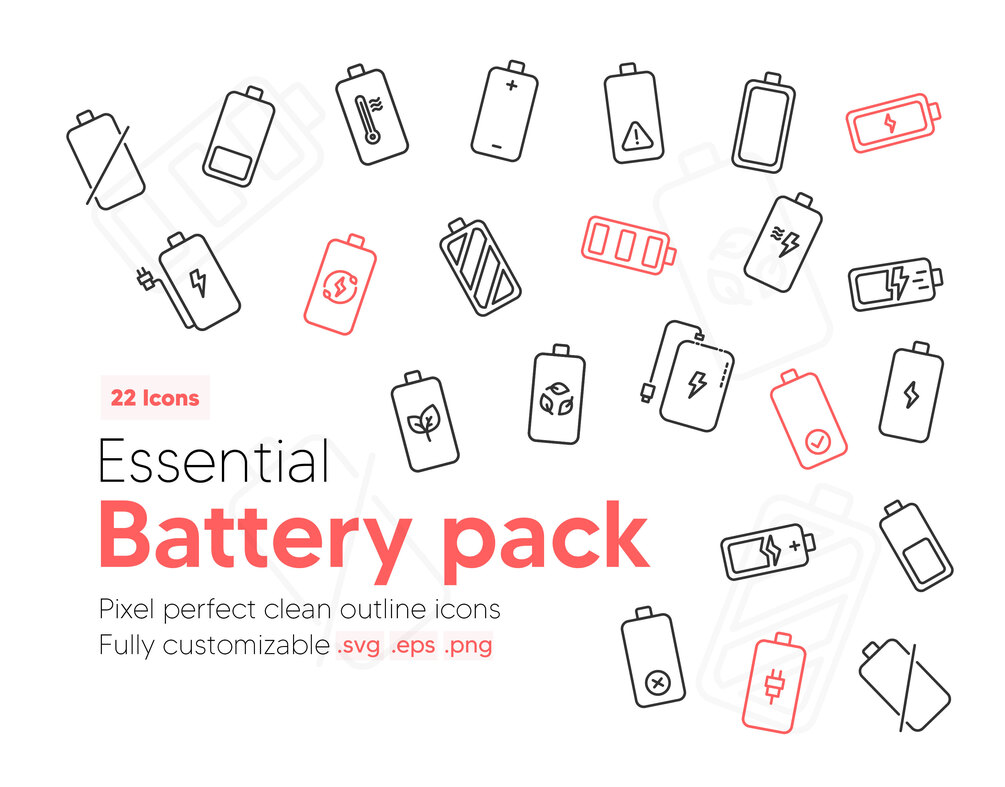 Essential Battery Icon Pack | Pixel Perfect 22 Ouline Icons