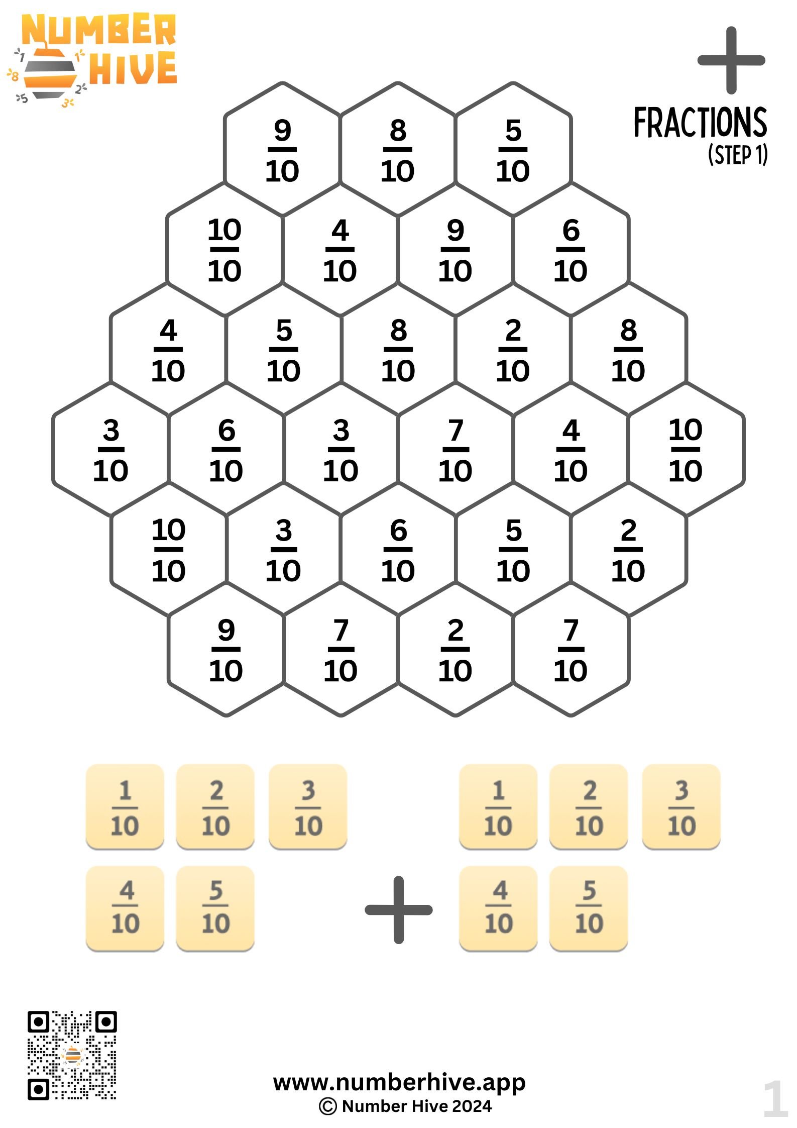 Number Hive Printable Game Boards - Addition of Fractions STEP 1