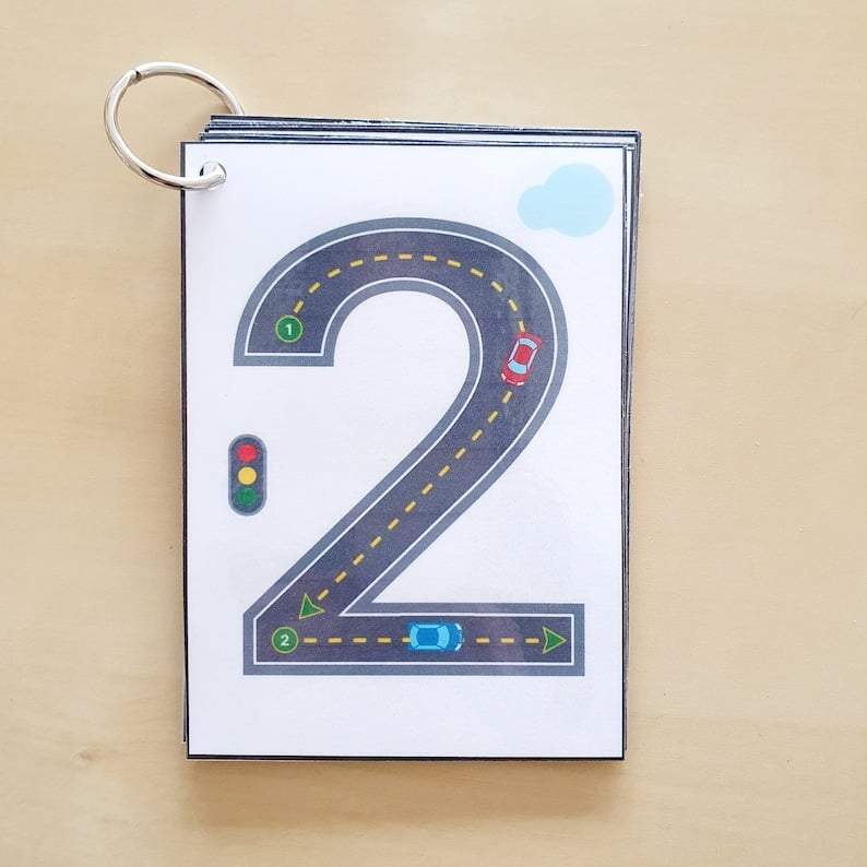 Number Tracing Flashcards, Cars and Roads, Printable, Counting, Learn ...