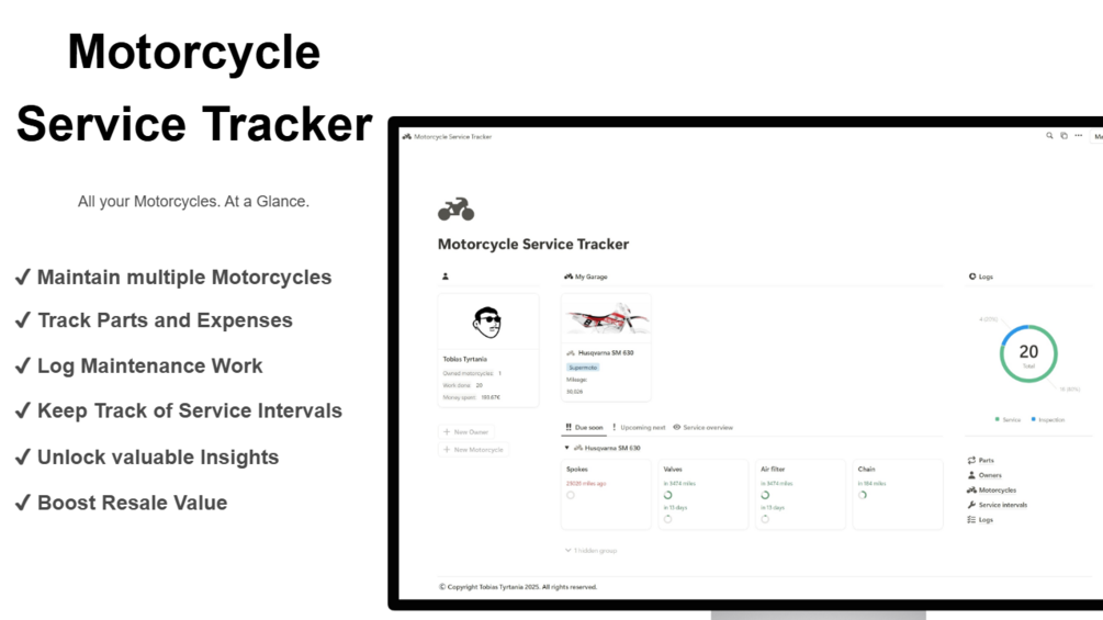 Motorcycle Service Tracker | Notion+ Template