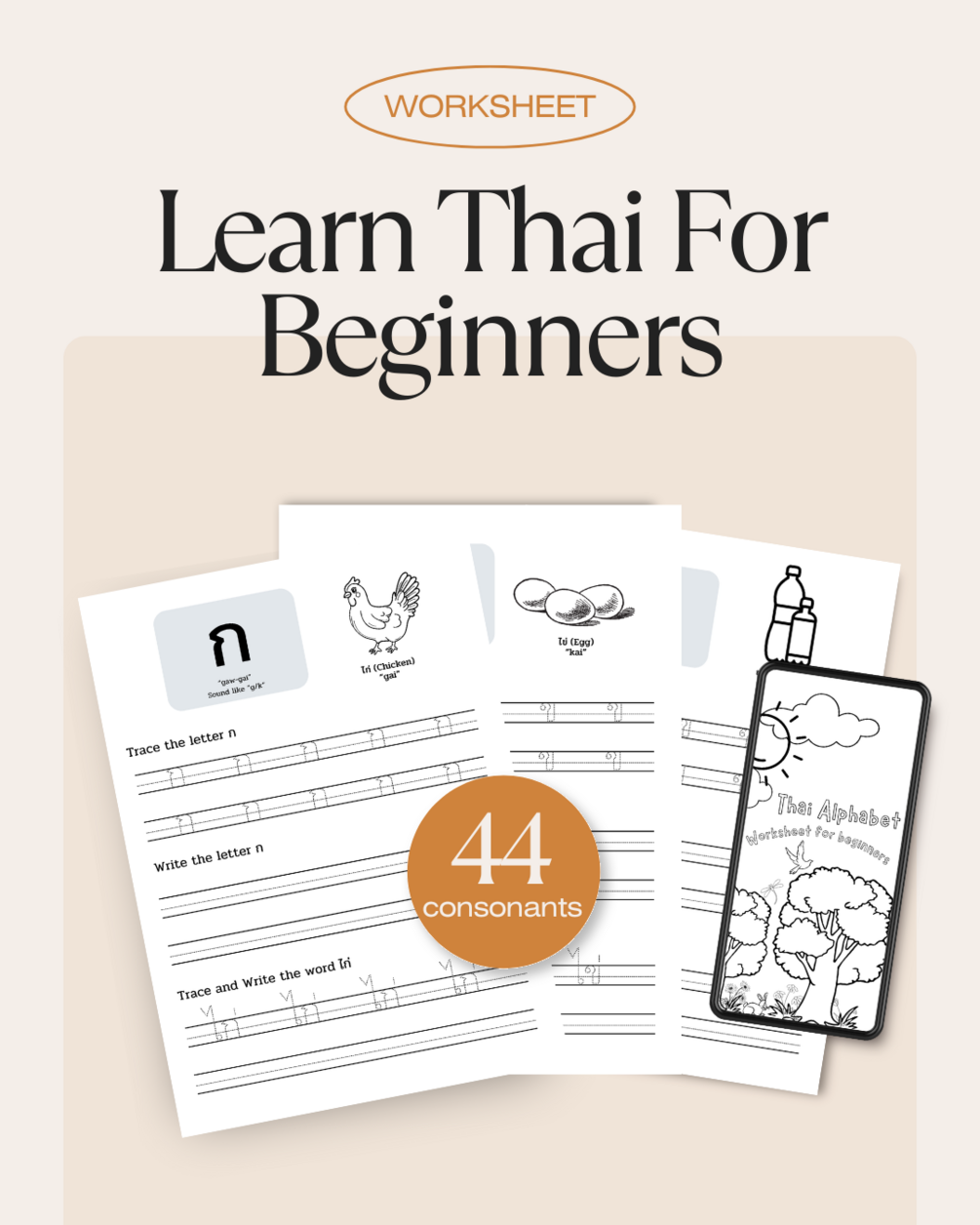 Learn Thai Consonants: All 44 Letters Worksheet for Beginners