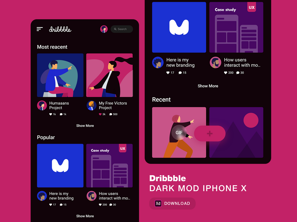 IphoneX - Dribbble app dark mod