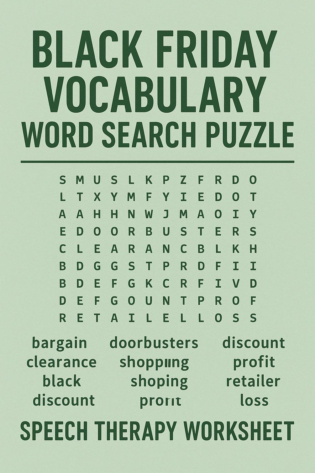 Black Friday Vocabulary Word Search Puzzle – Speech Therapy Worksheet ...