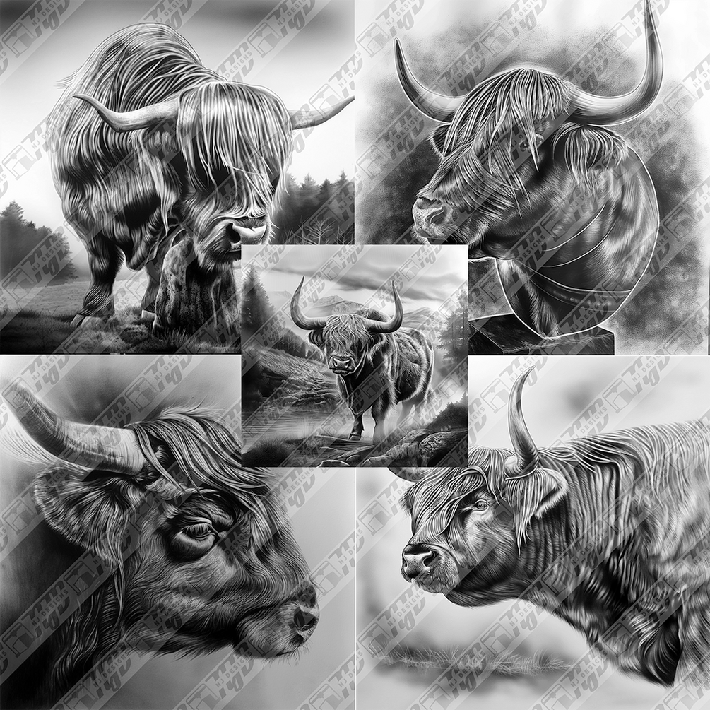 Highland Cow Bas Relief Bundle - 5 x 4K Bas Relief Designs ~ Laser & Print