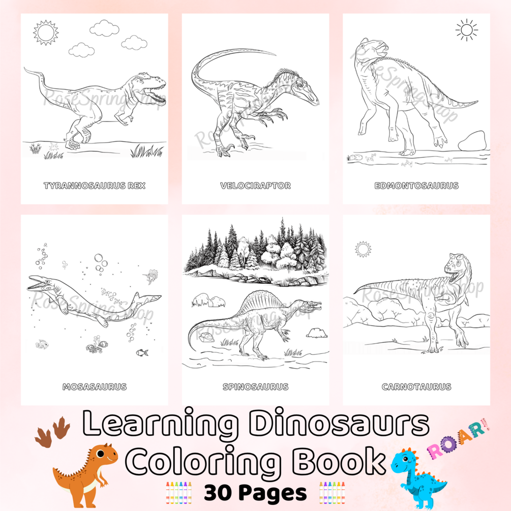 30 Pages Dinosaurs Coloring Book, Learn Dinosaurs Name, T-Rex ...