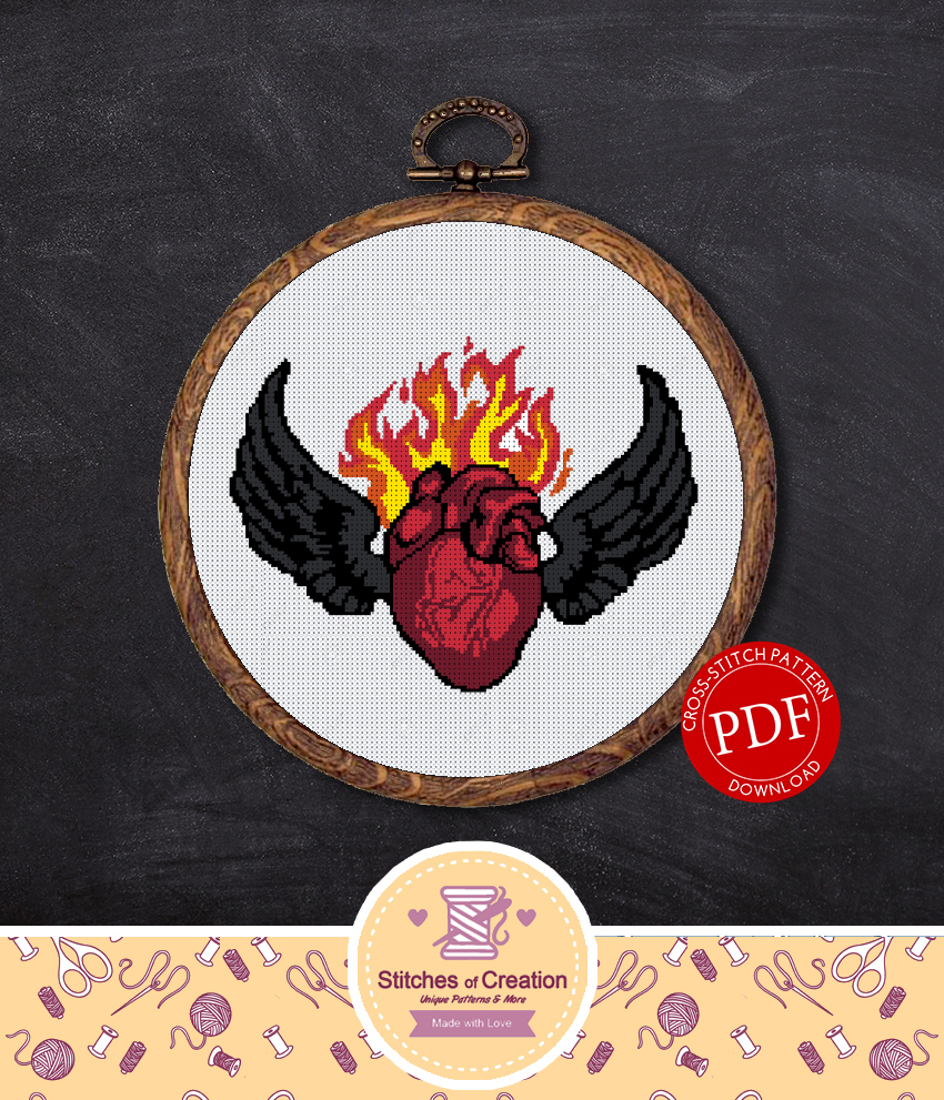 Flaming Heart | Digital Download | Tattoo Cross Stitch Pattern