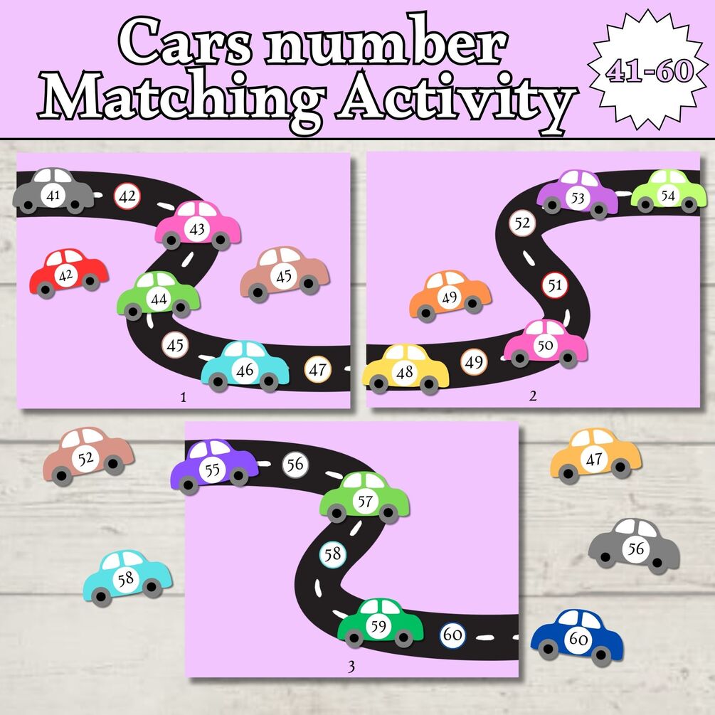 Cars number Matching Activity , Toddler Learning math activities 41-60