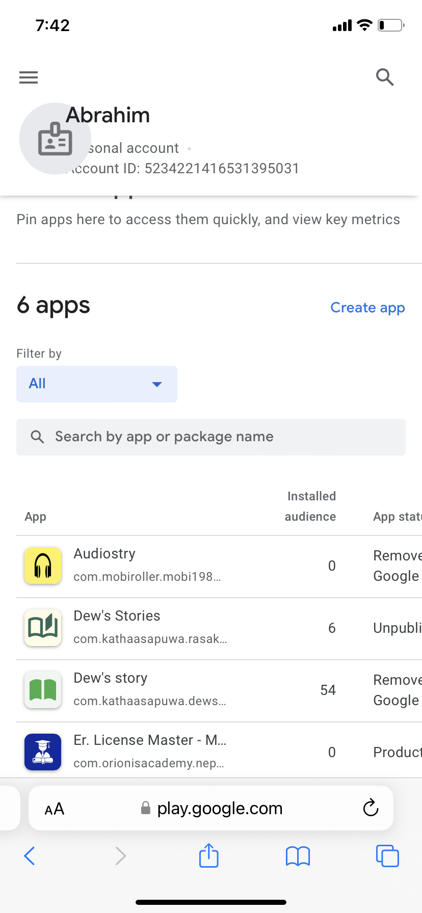 Google play console with 3 apps live 2021