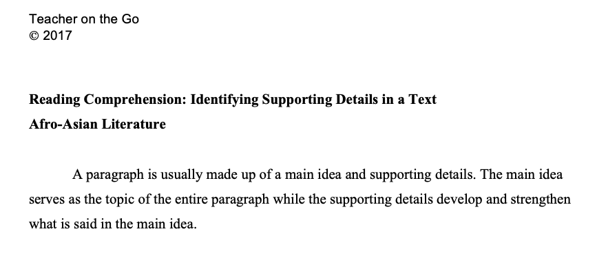 Reading skills worksheet: Identifying Supporting Details in a Text