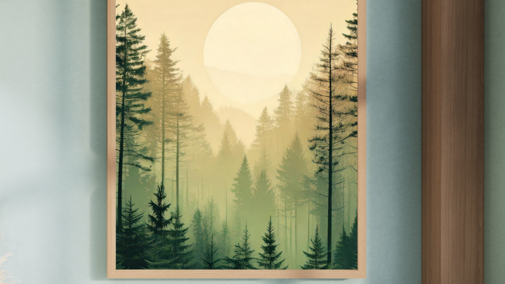 Misty Serenity: Minimalist Forest Wall Art
