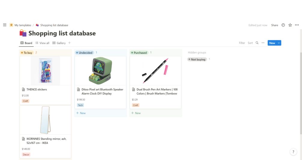 Online Shopping List Notion Template