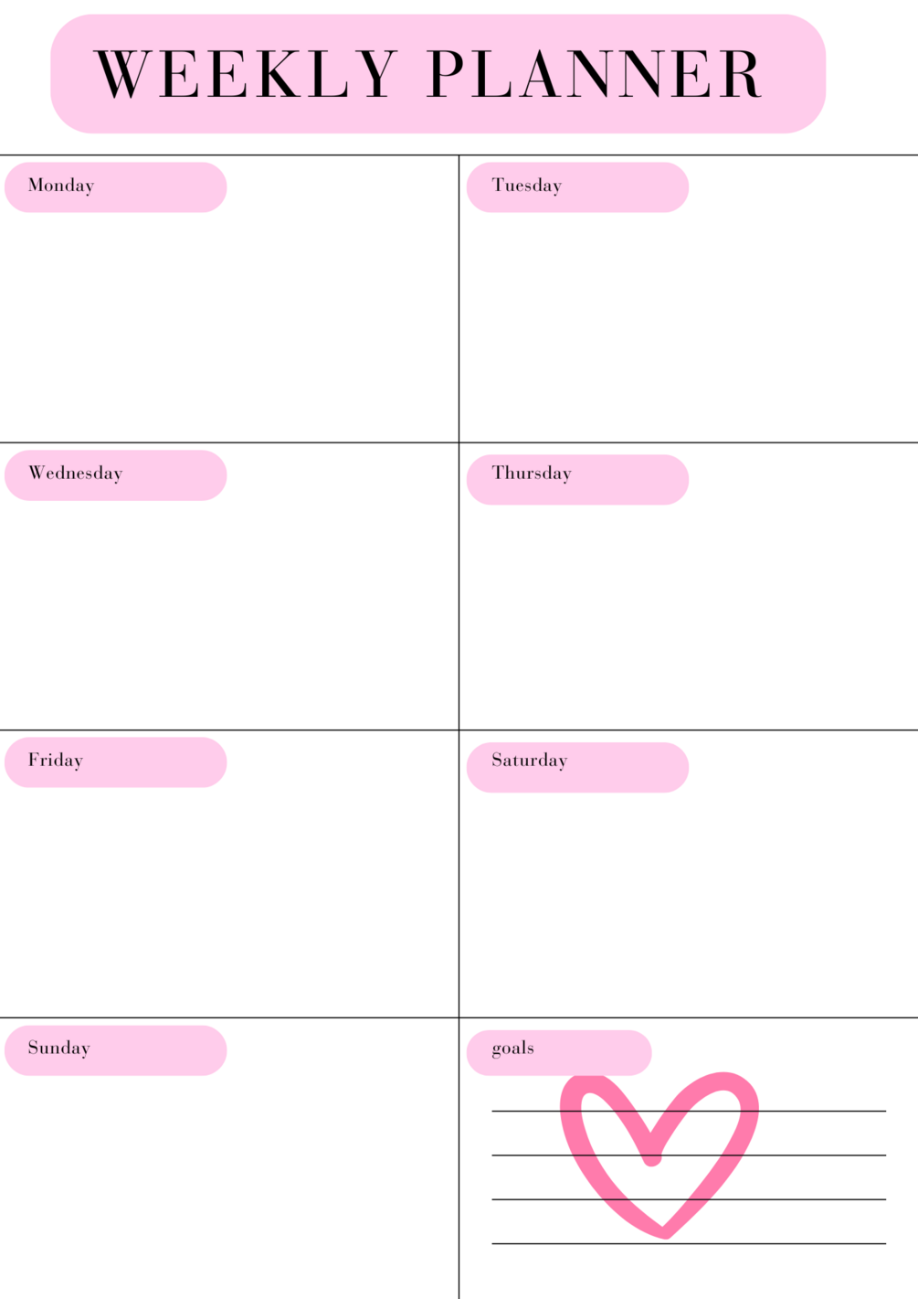 pink and white aesthetic weekly planner