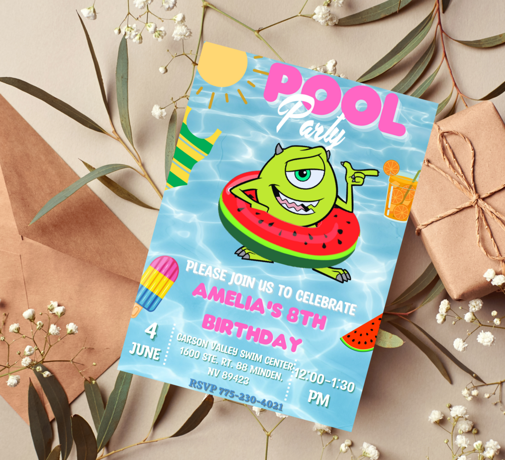 Monster Inc Pool Birthday Invitation | Mike Wazowski Swimming Pool ...