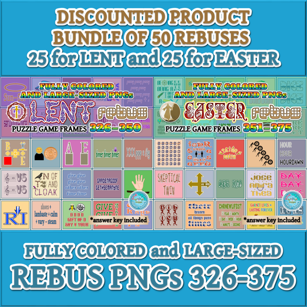 Fully Colored LENT and EASTER Rebus Puzzle Game Frames 326–375 PNGs