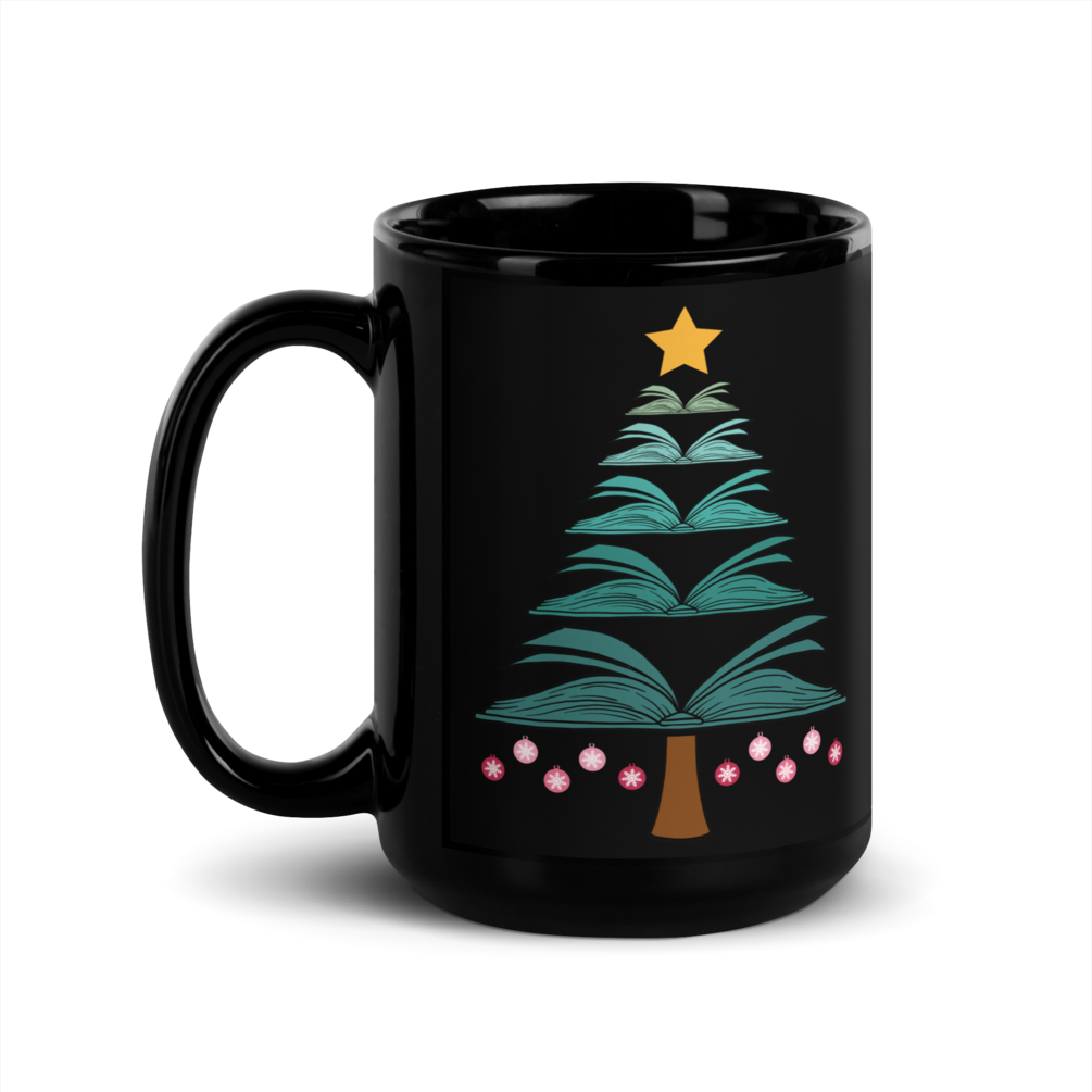 BOOK CHRISTMAS TREE BLACK 15 OZ MUG