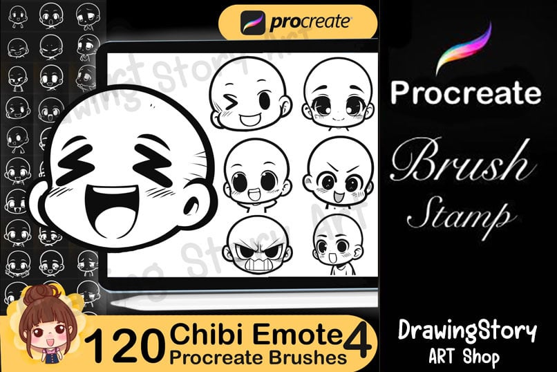 120 Procreate Chibi Emote Brushes Set4. Procreate Chibi Head Stamps ...