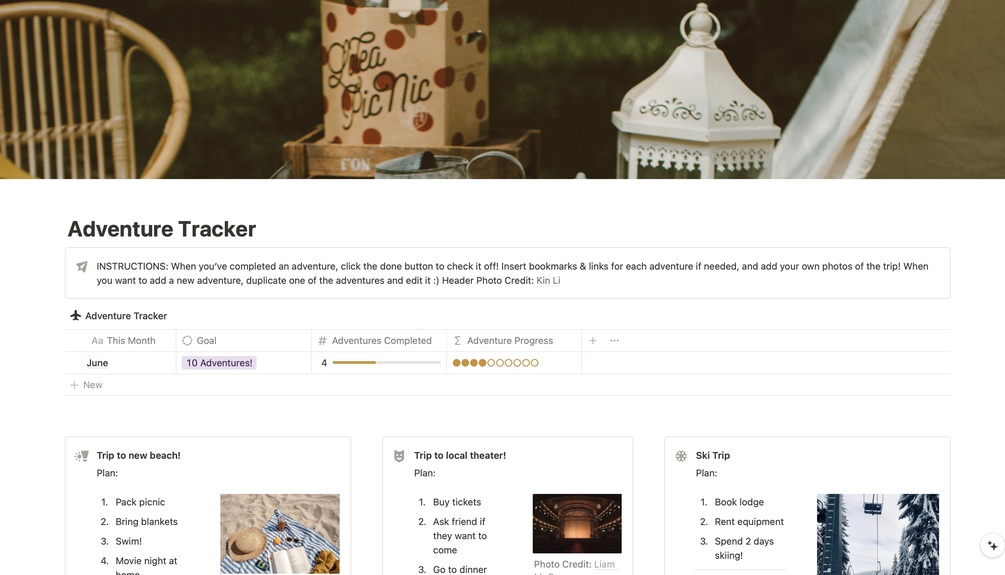 Adventure Tracker | Activity Planner | Trip Planner | Notion Template