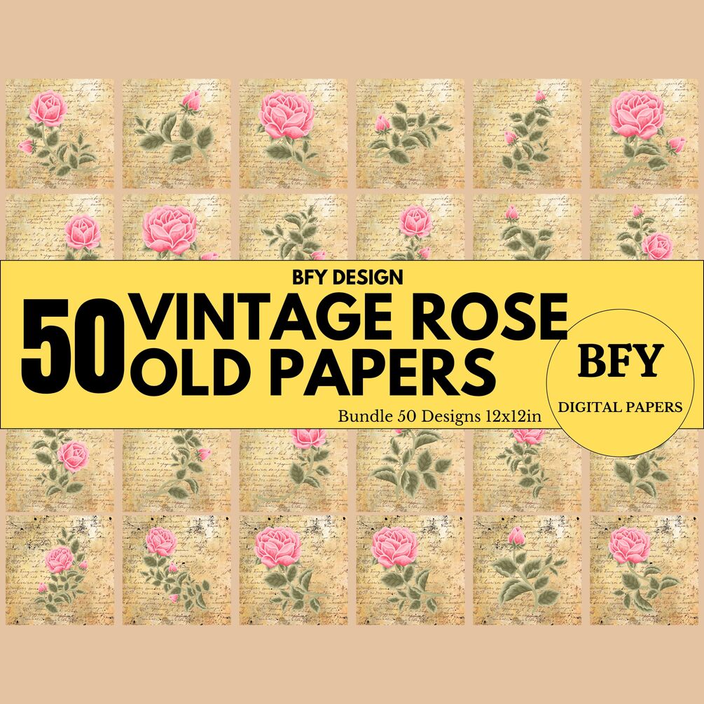 Printable Vintage Pink Roses Old Papers 50 Designs 12x12in