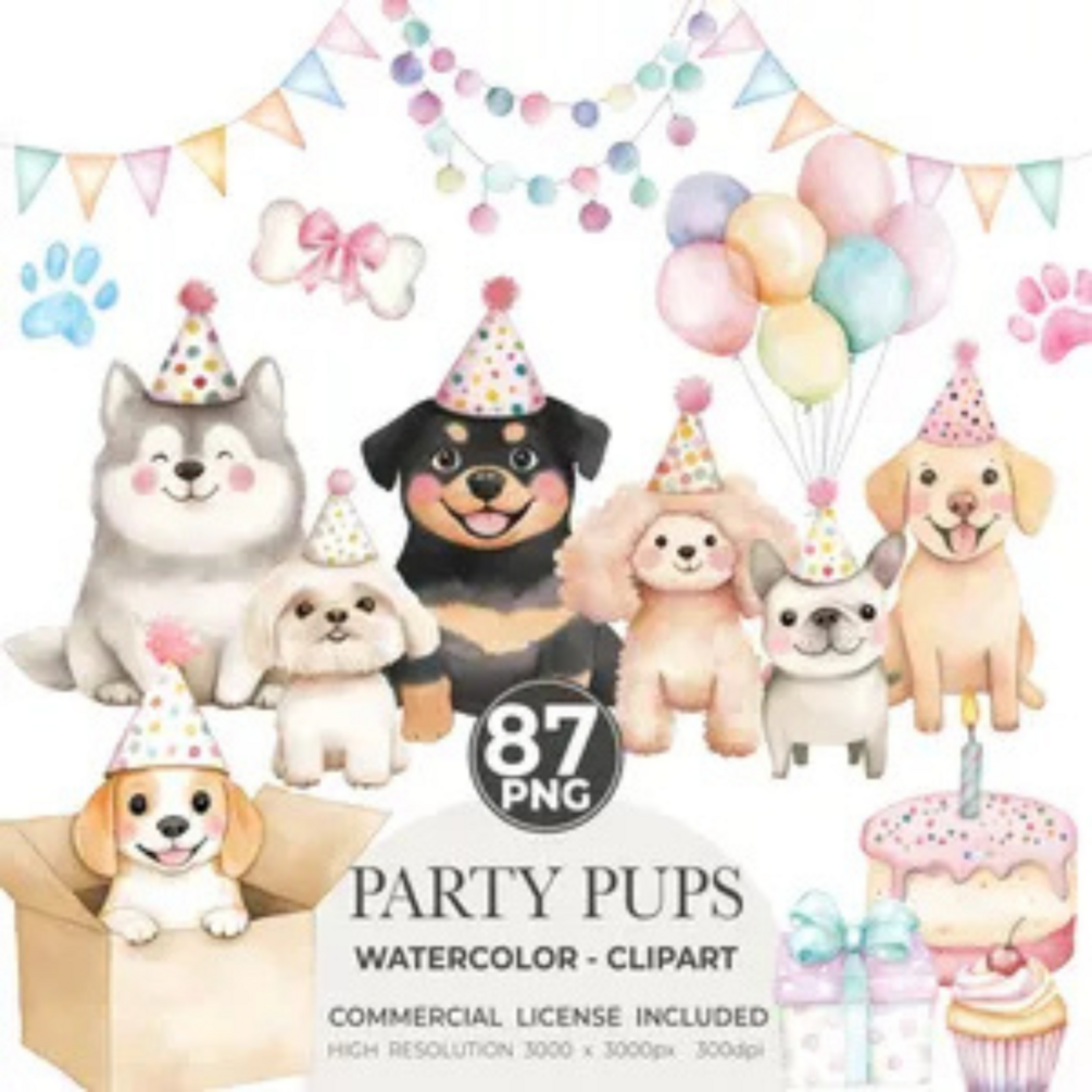Cute Dogs Clipart Birthday Party Watercolor Pastel