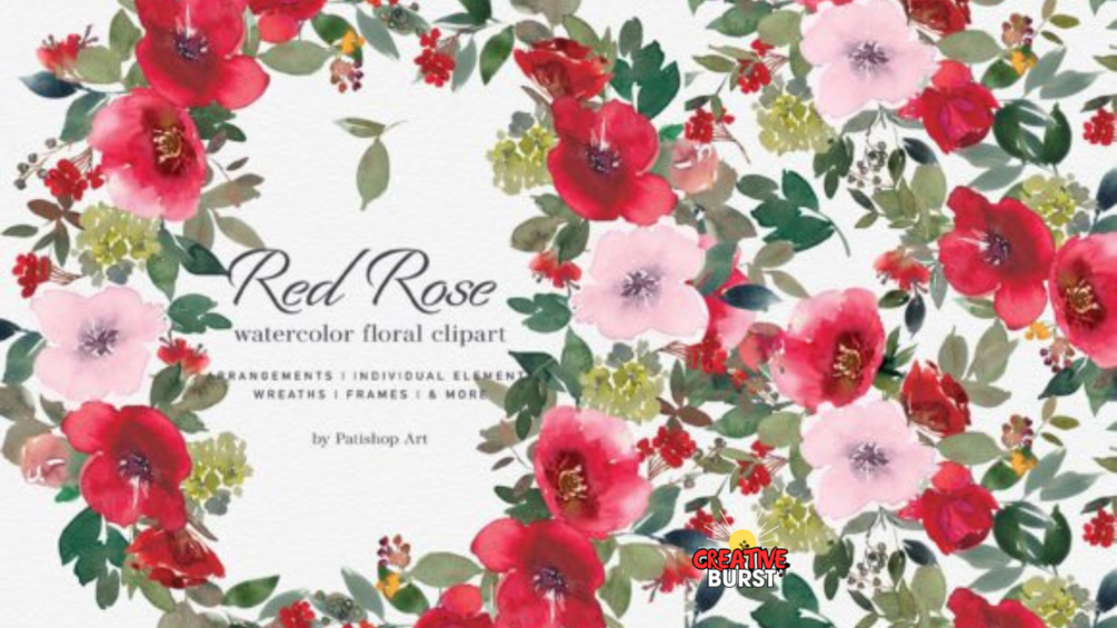 Watercolor Red Rose Clipart Set