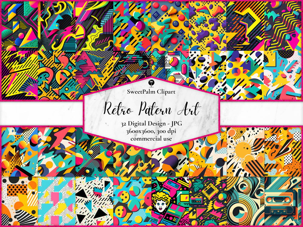 Abstract Retro Pattern Art Digital Paper - Vintage colorful pattern for ...