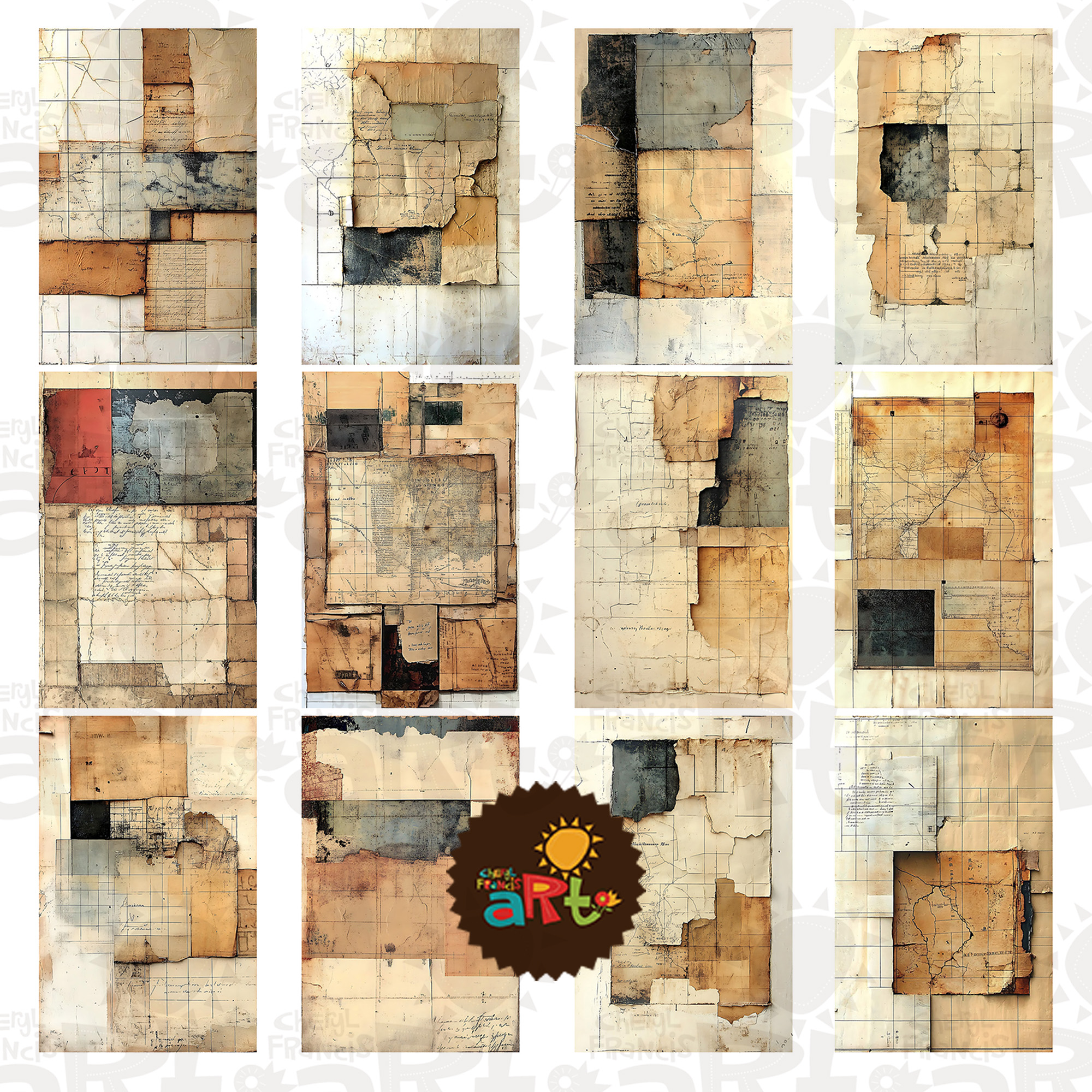 24 pc Various Aged Papers Abstract Collage Printable Junk Journal Half ...