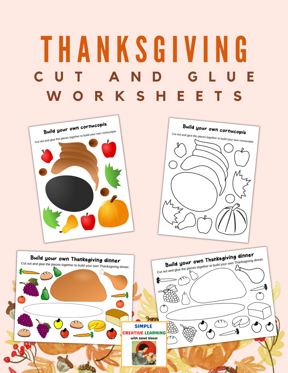 Thanksgiving Cut and Glue Worksheets - Personal and Educational Use