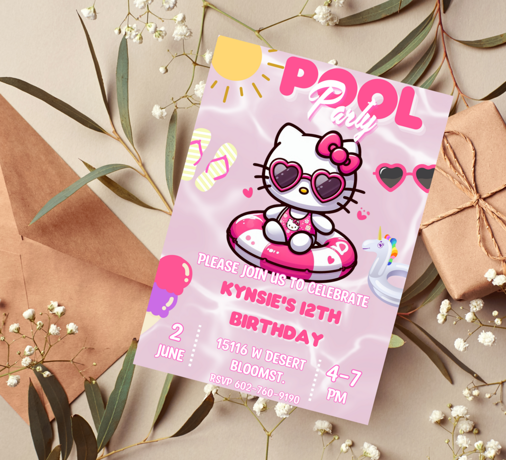 Hello Kitty Pool Pink Birthday Invitation | Adorable & Customizable ...