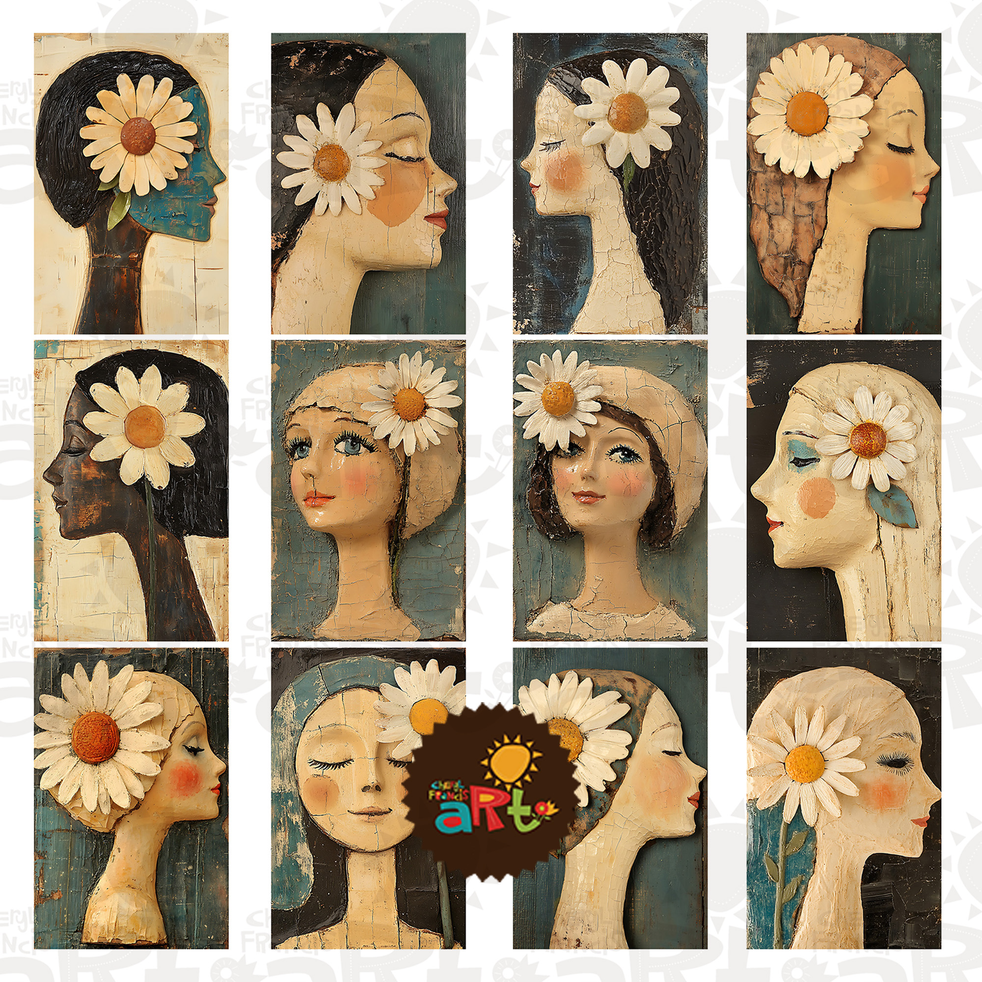 12 pc Dimensional Girl with Flower Portrait Art Printable Junk Journal ...