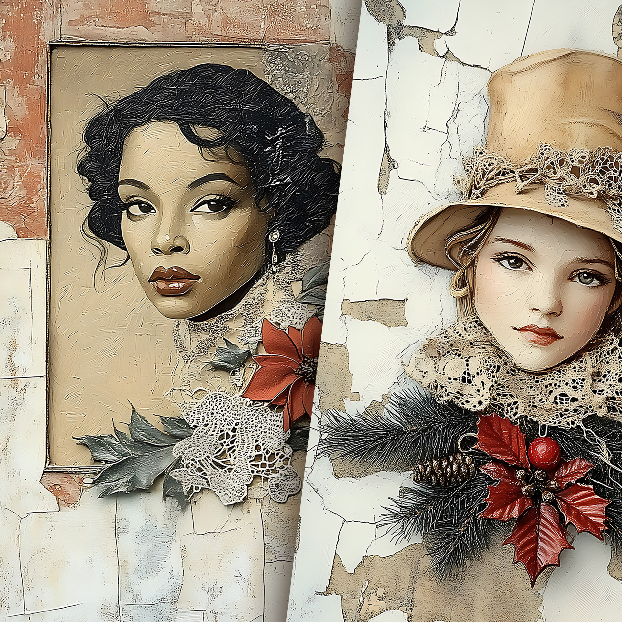 20 pc Christmas Girl Assembled Collage Portrait Printable Junk Journal ...