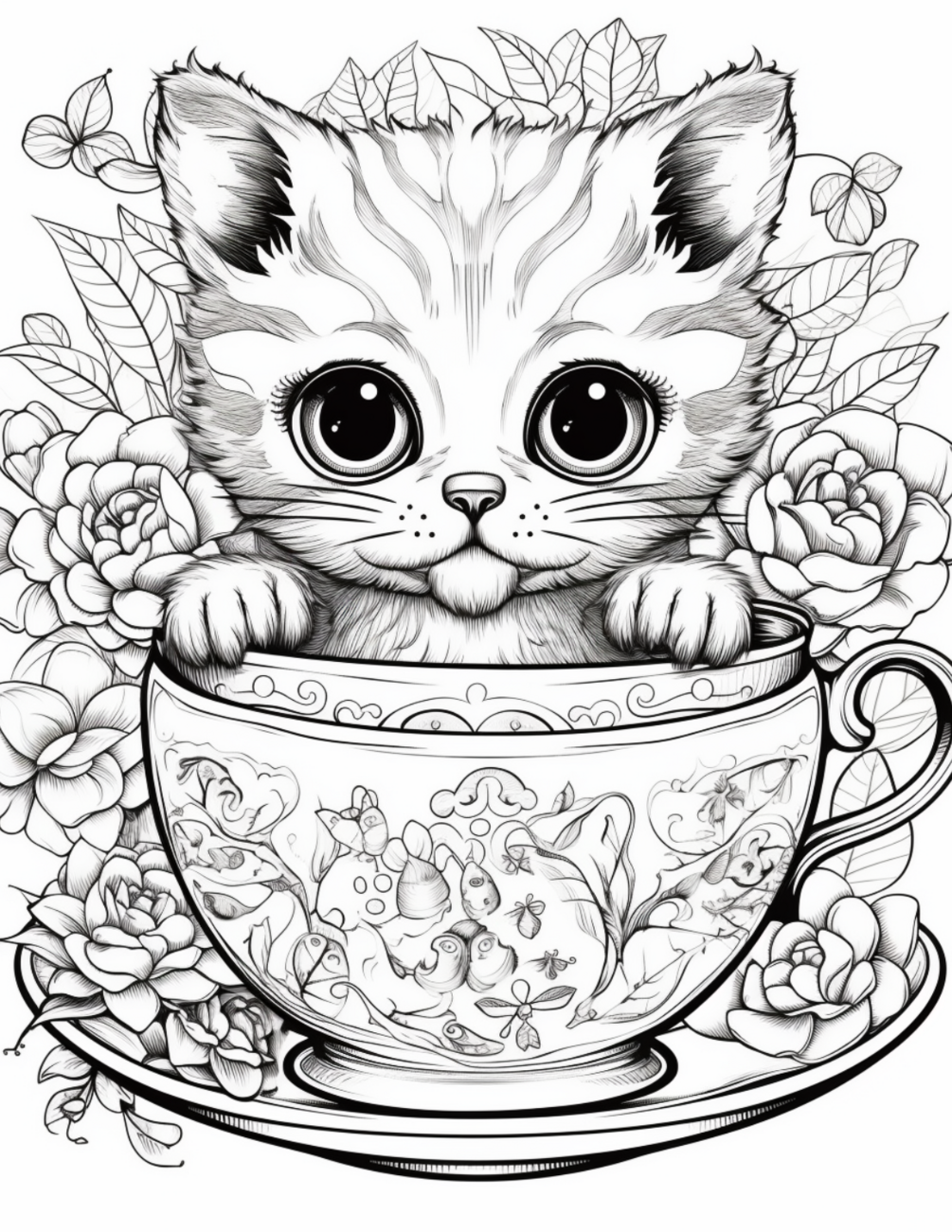 50 Kitten in Teacups Coloring Pages for Adult and Kids Instant Download ...