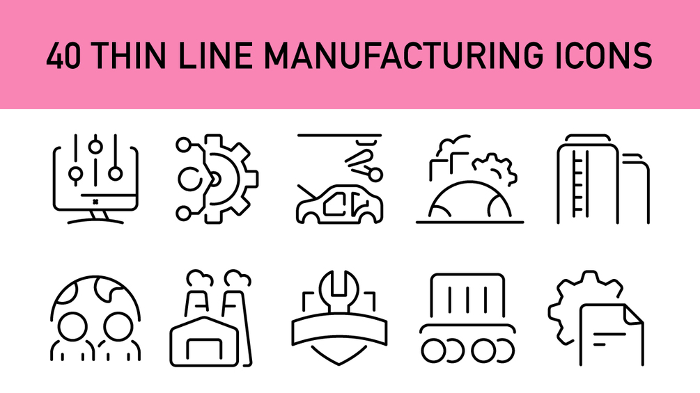 Industrial & Manufacturing Line Icons – 40 Minimalist Vector Icons