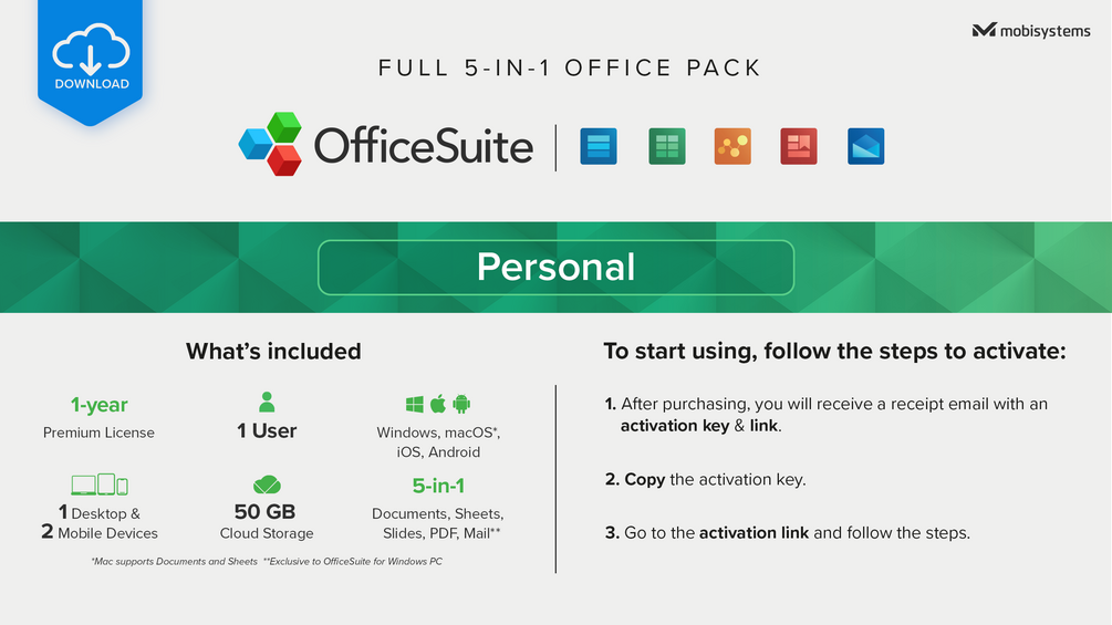 OfficeSuite Personal | 5 in 1 Office Pack | Documents, Sheets, Slides ...