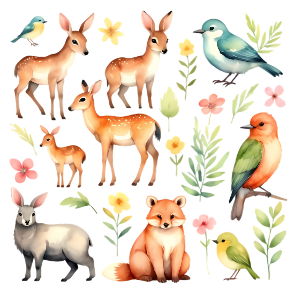 Watercolor Spring Animals Clipart Set – Trees, Flowers, and Animals on ...