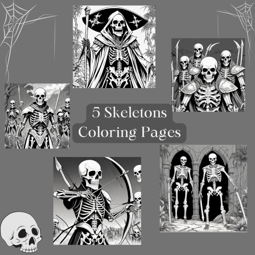 5 Skeletons Coloring Pages, Digital only, Halloween, Painting/Drawing ...