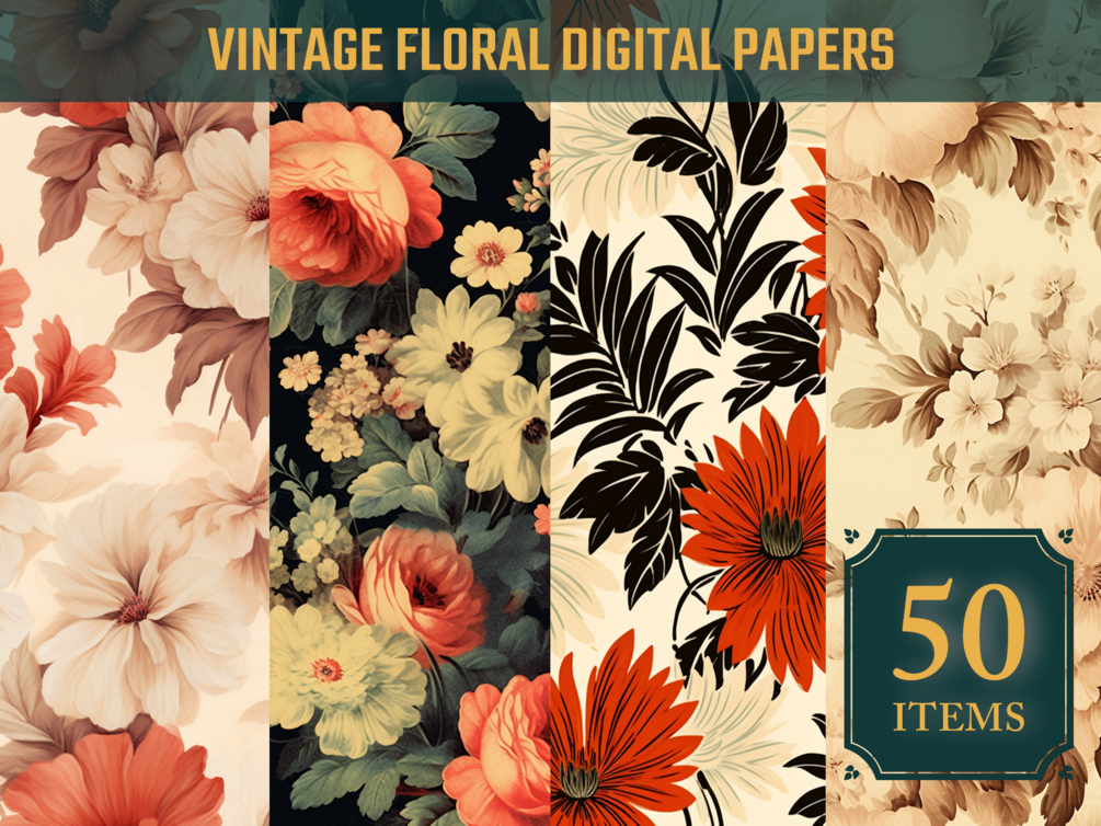 50 Vintage Floral Digital Papers 8" x 12" (JPEG)