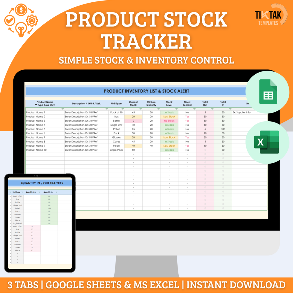 Product Stock Tracker Spreadsheet – Excel & Google Sheets Template