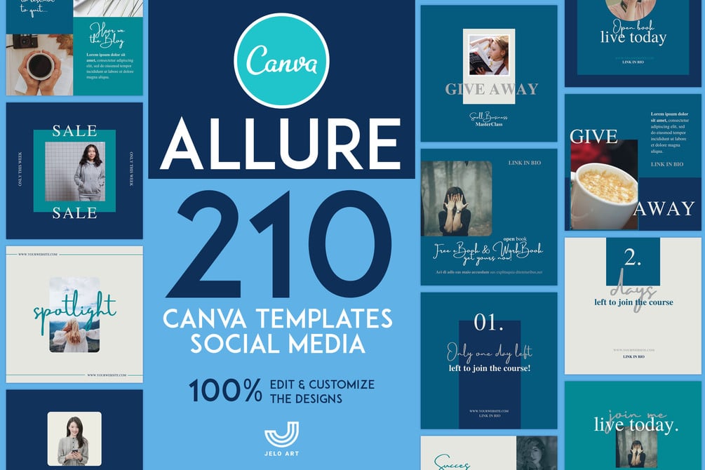 Blue Canva Instagram Template Set - Beautiful Set of 210 Customizable ...