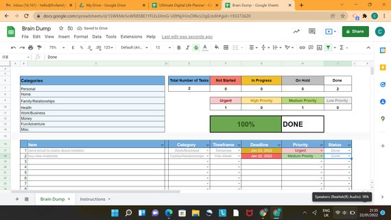 Brain Dump Life Planner Spreadsheet, excel to do list, adhd digital ...