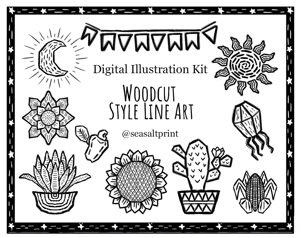Digital Illustration Kit – Woodcut Style Line Art