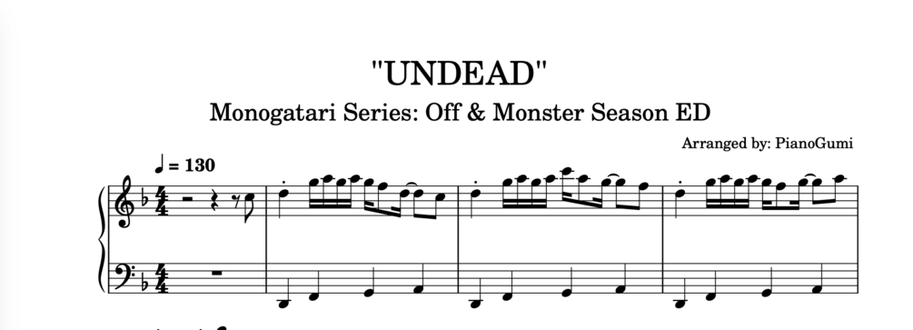 Monogatari Series: Off & Monster Season ED - "UNDEAD" - EASY Piano Sheet Music