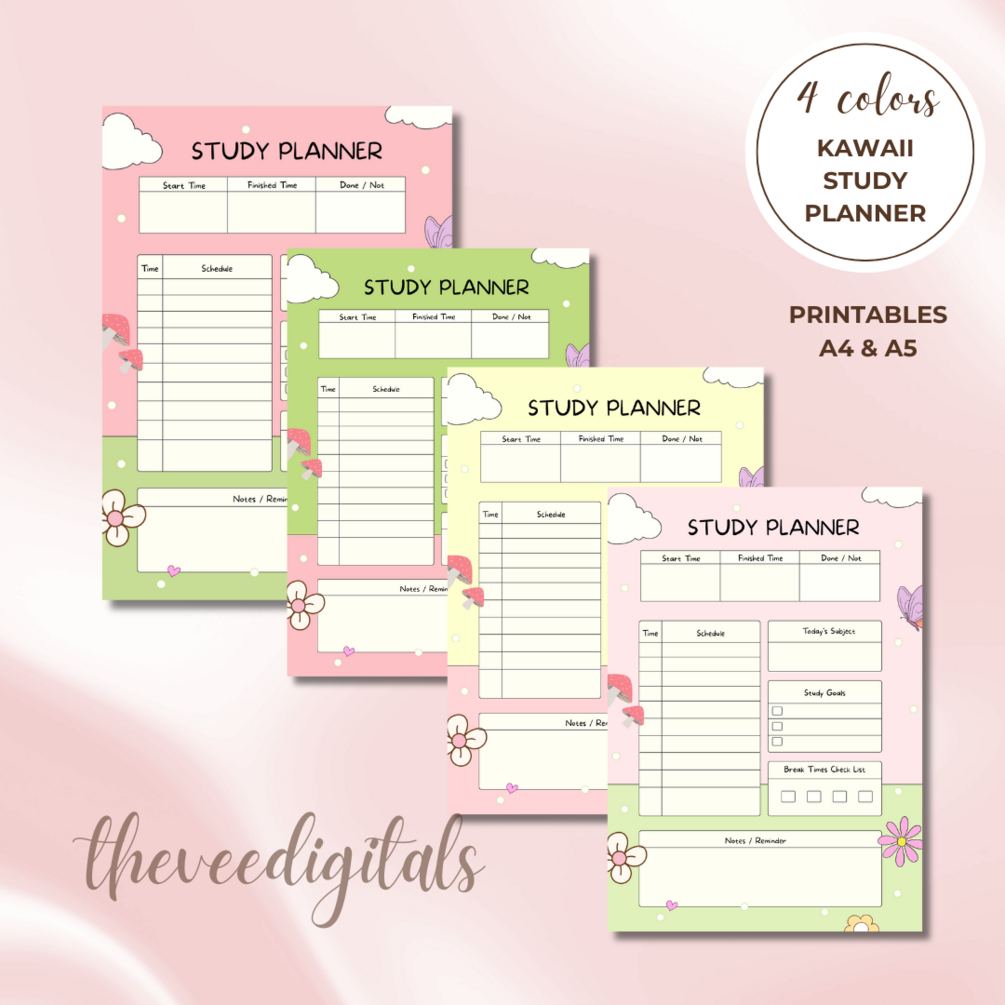 Kawaii Pastel Study Planner Set – Printable A4/A5 (4 Color Variants)