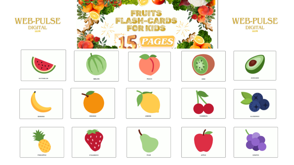 Fruits Flash Cards For Kids 15 pages