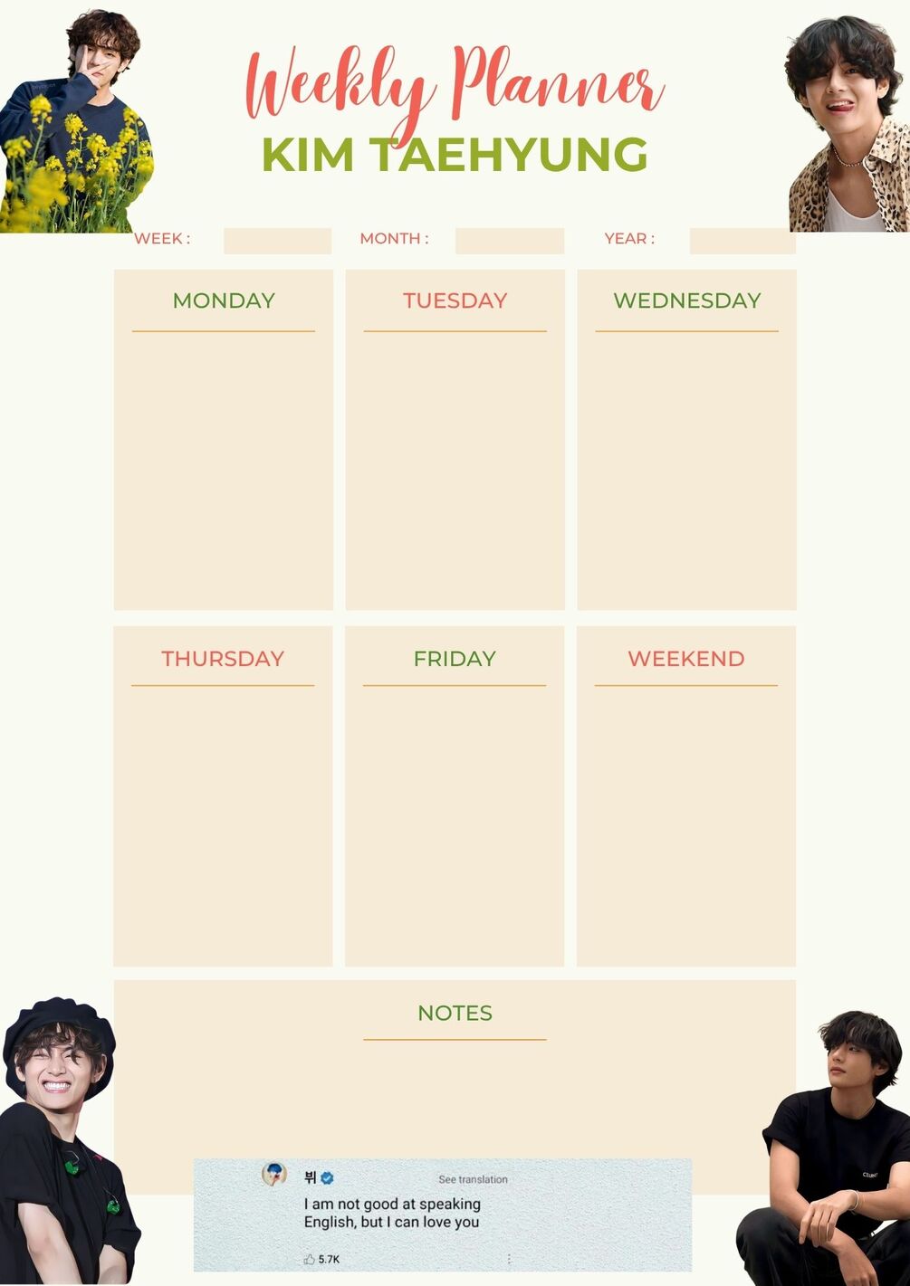 BTS V weekly planner