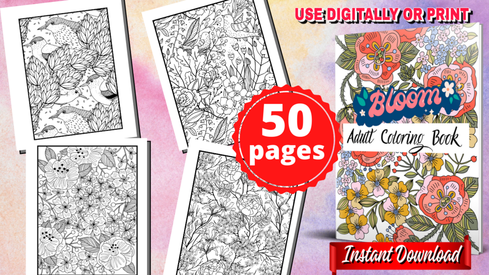 Printable Floral Coloring Book, Digital Coloring Book, Adult Coloring ...
