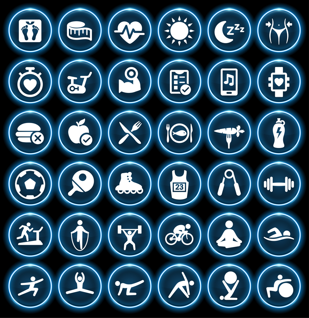 Set of 36 Vector Fitness and Diet Icons on Round Buttons.