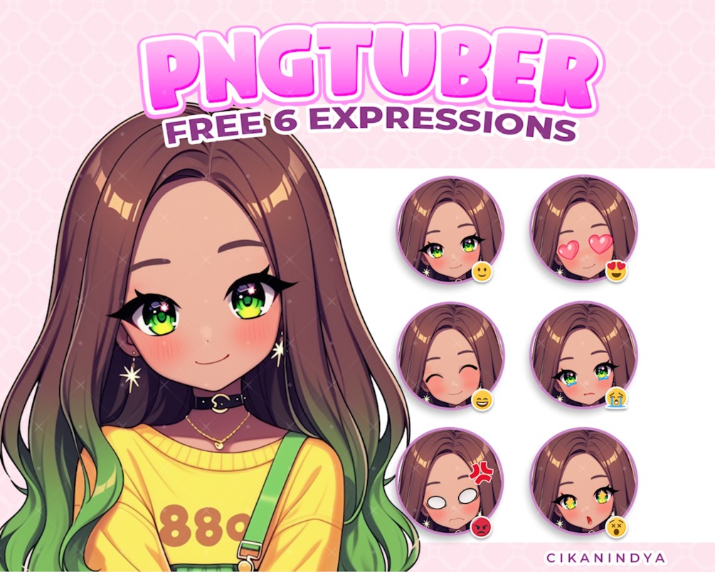 PNG Tuber | Cute Brunette Girl with Green Eyes for Stream | Get 6 Poses ...